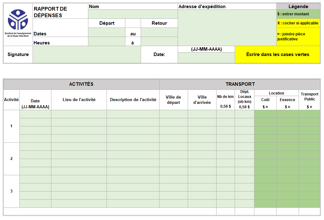 Formulaire de réclamation de dépenses | SYNDICAT DE L'ENSEIGNEMENT DE ...